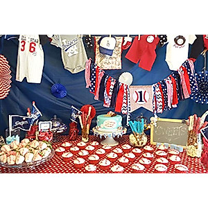 Baseball Banner for 1 St Birthday - First Birthday Decorations for Baseball Rag Tie Fabric Garland, Photo Booth Props Red White Blue, Birthday Souvenir and Gifts for Boy