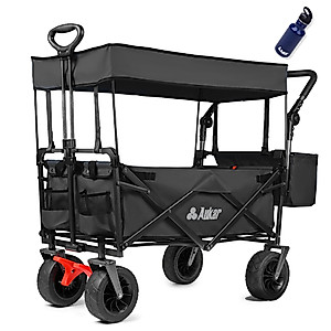 AUKAR Collapsible Canopy Wagon - Heavy Duty Utility Outdoor Garden Cart - with Adjustable Handles, for Shopping, Picnic, Camping, Sports - Black
