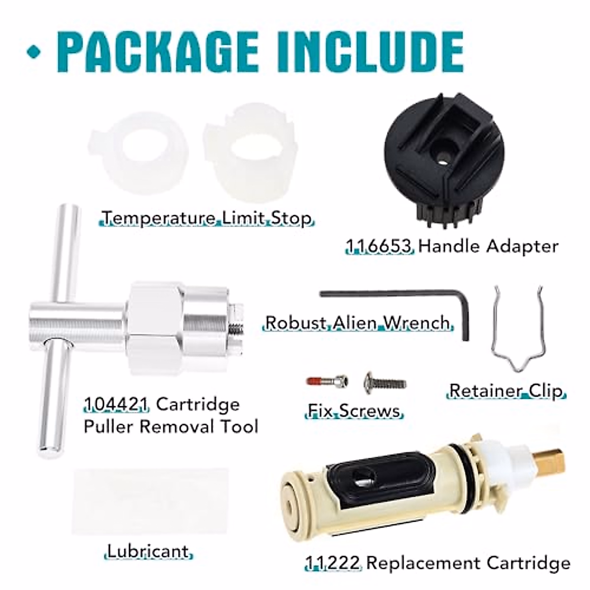 Yetaha 1222 Replacement Cartridge with 104421 Cartridge Puller Removal Tool, Retainer Clip, and 116653 Handle Adapter Kit, Compatible with Moen Tub Shower & Moen Faucet Bathtub Shower Valve Parts