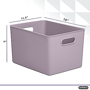 Superio Decorative Plastic Open Home Storage Bins Organizer Baskets, White & Lilac (Set of 2) 2 X-Large - Container Boxes for Organizing Closet Shelves Drawer Shelf - Ribbed Collection