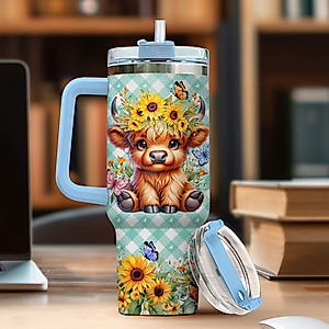 99OWL Highland Cow Gifts, For Cups Butterfly Tumblers Women Yellow Handle Coffee, Tumbler 40 Oz With Handle Lid And Straw, Cute Highland Cow Sunflower