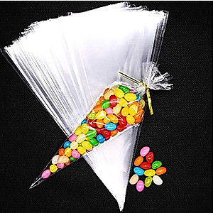 Muyindo 100 Pieces (7x15 Inch) Clear Bags Cone Bag Cello Bags Popcorn Bags Triangle Goody Bags with Twist Ties for Candies Handmade Cookies Bags
