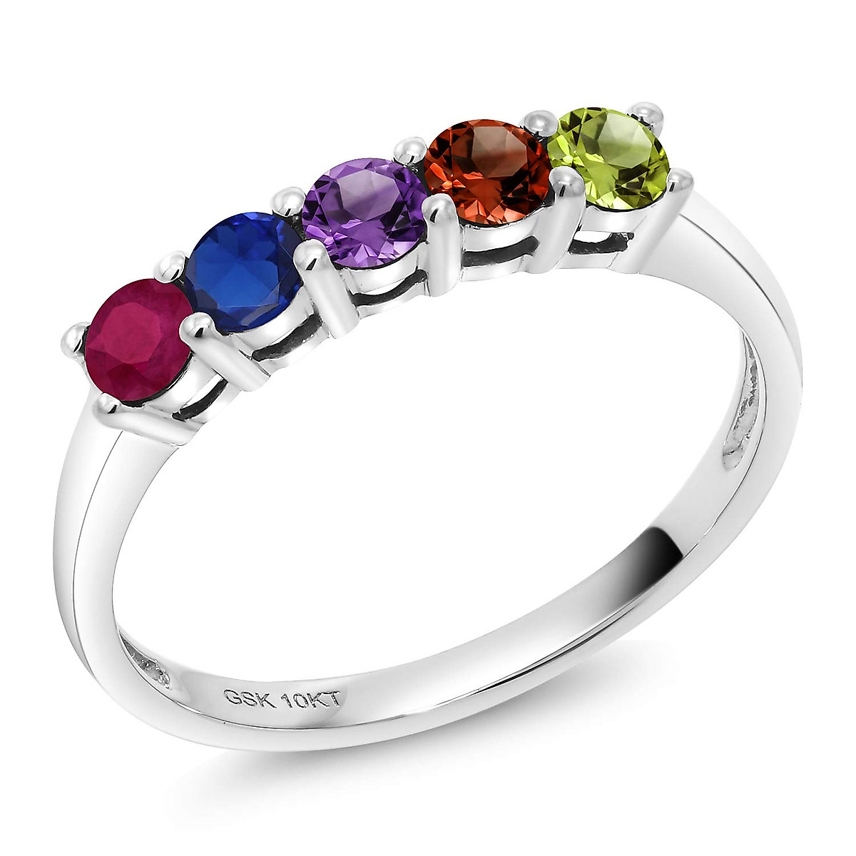 Gem Stone King 10K White Gold Promise Customized and Personalized 5 Gemstone Birthstone For Her Anniversary Band Engagement Flower Blossom Ring For Women (Size 7)