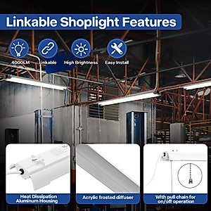ENATECLITE Linkable 4Foot Hanging Mount Work Lights, LED Garage Lights, Plug-in High Visibility Workshop Led Lights, Hanging Garage Ceiling Lights 4000K Daylight, 4500LM, Pull Chain for Basement