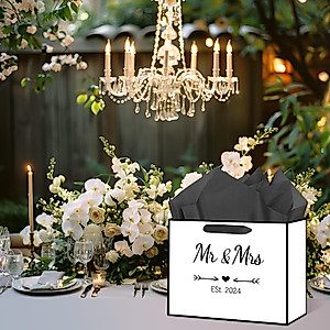 EST 2024 Wedding Gifts Bag Bridal Shower Gift Bags White Black Mr & Mrs Gifts Bag with Tissue Paper and Card Christmas Wedding Gift Wrapping Paper Bag Bridal Anniversary Wedding Shower Gift Bag