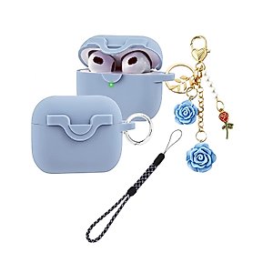 Secure Lock Case for Airpods 3 Case with Cute Flowers Keychain Lanyard,Silicone Protective Case Cover for Airpods 3rd Generation Case Women Girls for Apple iPod 3rd Charging Case 2021 (Blue)