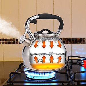 Whistling Tea Kettles Stovetop with Boils Faster Bottom,Surgical Brushed Stainless Steel Finish Whistling Teapot, 3 Quart,1YR Warranty, 1 Tea Maker Infuser Included by Kmatee