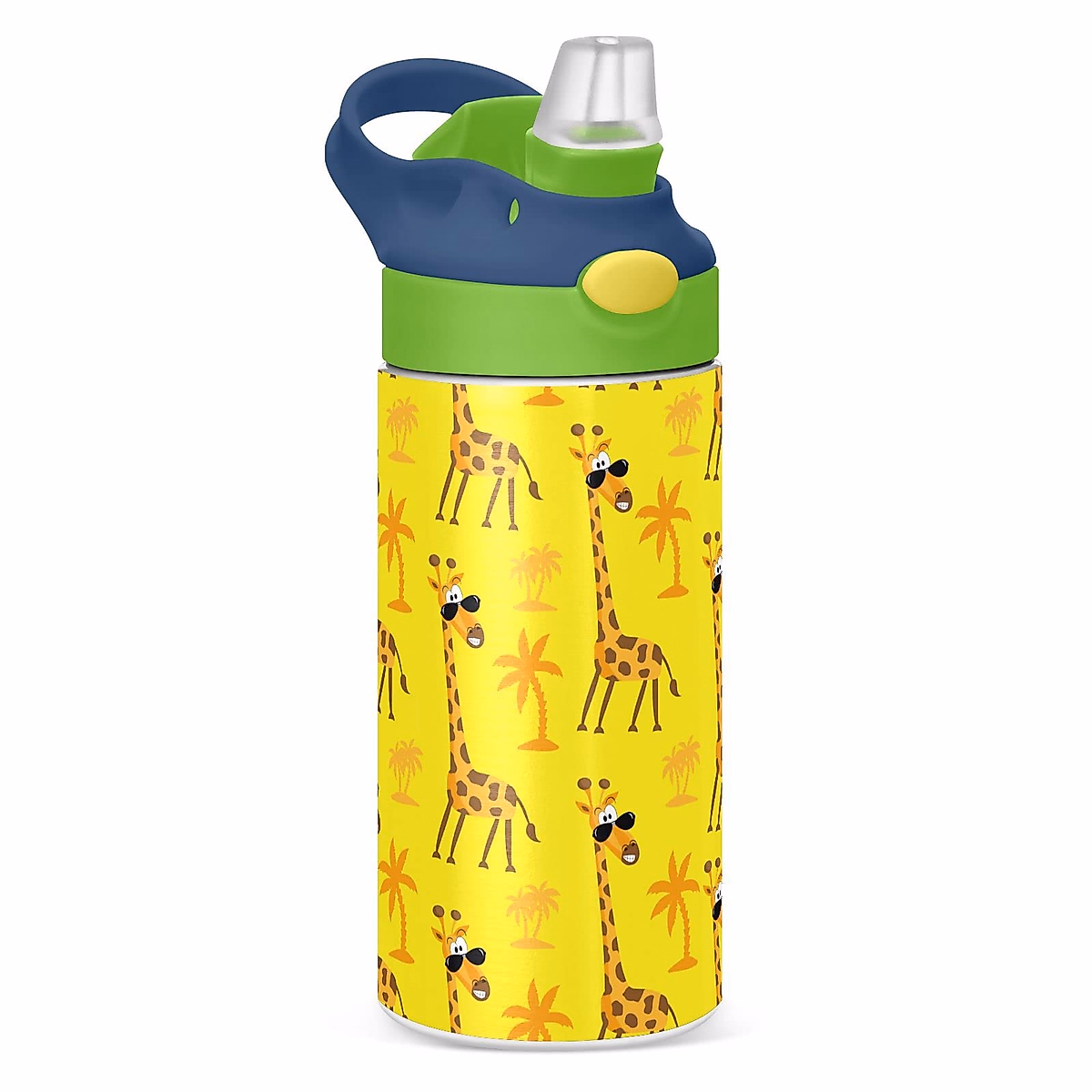 ALAZA Cute Cartoon Giraffe on Yellow Background Kids Water Bottles with Lids Straw Insulated Stainless Steel Water Bottles Double Walled Leakproof Tumbler Travel Cup for Girls Boys Toddlers 12 oz / 35