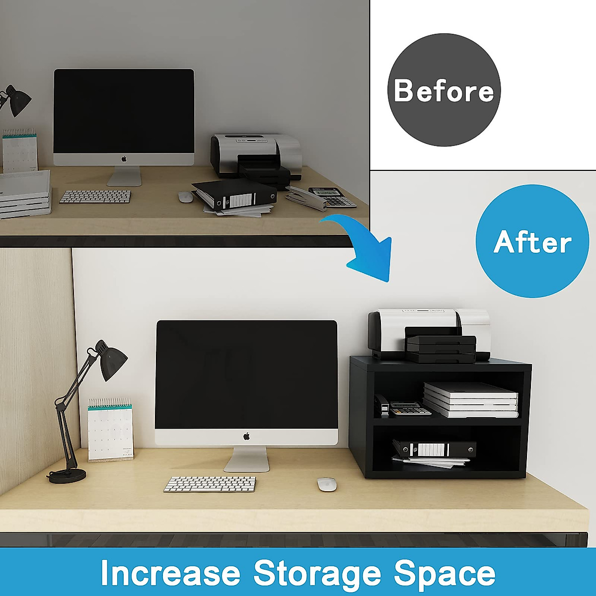 Deoxuefo Printer Stand with Storage - Wood Under Desk Printer Table with Wheels 15.7x11.8x14 Inch, 2 Tier Small Black Rolling Printer Cart for Home, Office, Scanner, Fax, Computer