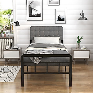 EMODA 16 Inch Twin Size Bed Frames with Upholstered Headboard and Metal Footboard, Heavy Duty Metal Slats Support Mattress Foundation, No Box Spring Needed, Easy Assembly