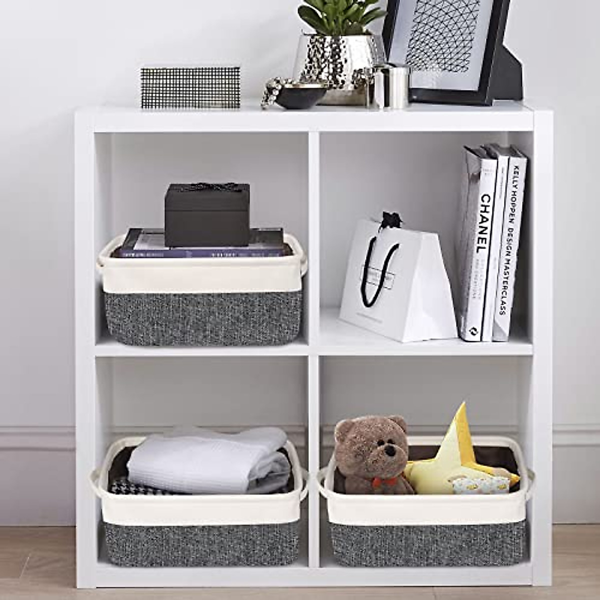 EXTREE Fabric Small Storage Baskets - 6 Pack Nursery Decorative Storage Bins Linen Empty Gift Basket with Handles for Organizing Shelves Bathroom(Gray,11.8L x 7.9W x 5.3H inches)