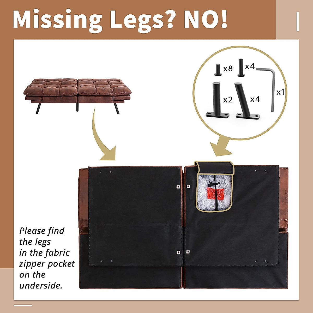 IULULU Brown Memory Foam Futon Couch Bed, Modern Folding Sleeper Sofa with Quick Adjustable Armrest and Backrest for Studio Apartment, Dorm, Living, Guest Room, Home Office