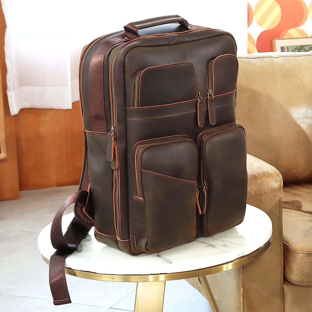 Polare 17.3 Inch Full Grain Leather Backpack for Men Multi Pockets Business Travel DayPack Rucksack