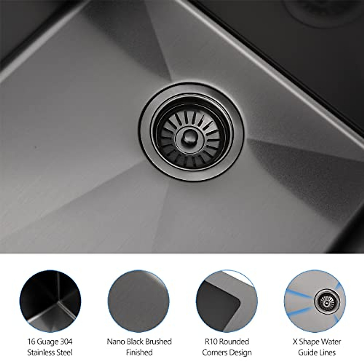 33 Black Undermount Workstation Kitchen Sink, Scamall 33 X 19 X 10 Inches 16 Gauge Nano Black Stainless Steel Single Bowl Workstation Kitchen Sink With Offset Drain SML006SBG