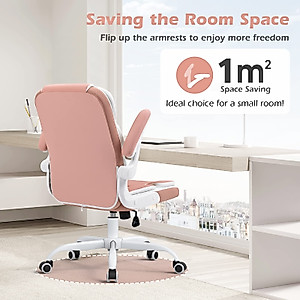 Pink Desk Chair Ergonomic Office Chair Lumbar Support Desk Chairs with Wheels and Flip-up Armrest Adjustable PU Leather Computer Chair Backward Tilt, Pink