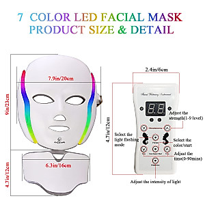 FAZJEUNE 7 Color LED Mask, Facial Mask LED 7 Color Face Skin Care Mask Portable SPA Facial LED Mask with Neck, White
