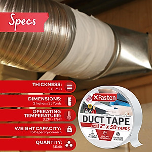 XFasten Duct Tape White, 2 Inches x 50 Yards, All-Weather Duct Repair Tape for Heavy-Duty Repair, Patching, Packing | High Tensile Strength & Shear Stress Resistance | Cold and Snow Resistant