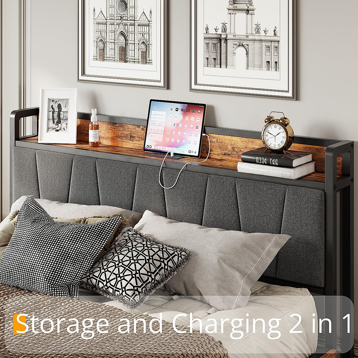 LIKIMIO Queen Bed Frame with 4 Storage Drawers, Platform Bed with Charged Headboard, Sturdy and Stable, No Noise, No Box Spring Needed, Easy to Install, Vintage Brown and Gray