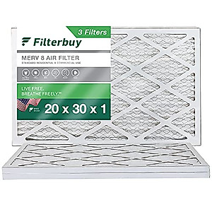 Filterbuy 20x30x1 Air Filter MERV 8 Dust Defense (3-Pack), Pleated HVAC AC Furnace Air Filters Replacement (Actual Size: 19.50 x 29.50 x 0.75 Inches)