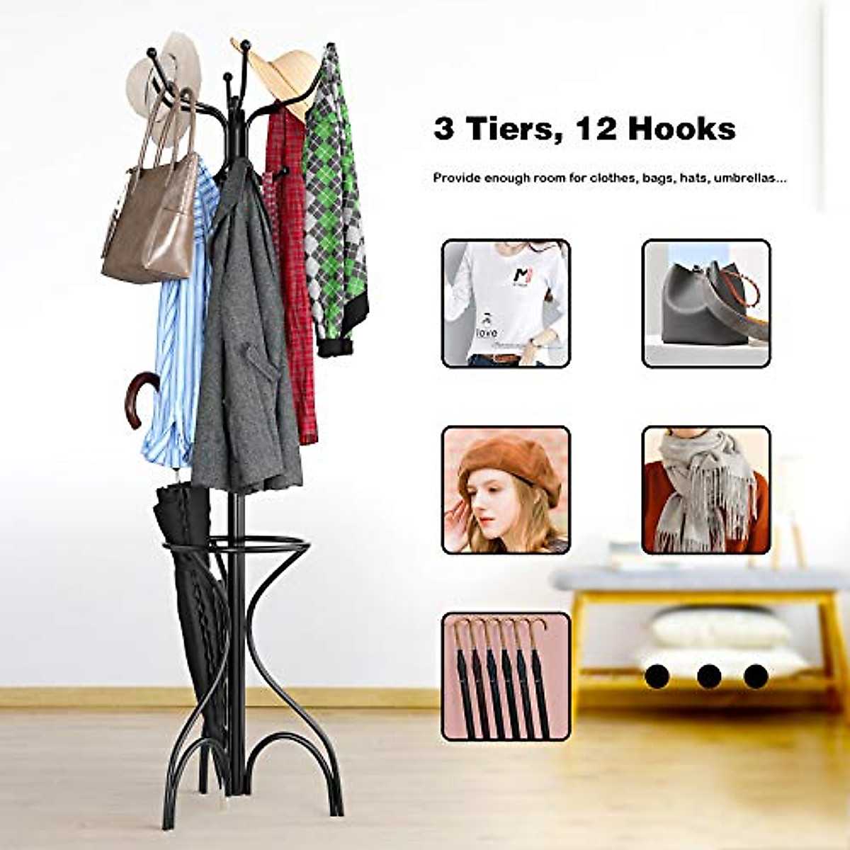 Tangkula Coat Rack Freestanding, 75 Inch Heavy Duty Metal Coat Hanger Stand with Umbrella Holder, Entryway Hat Jacket Hanger with 12 Hooks for Scarf Crutch Bag Coat, Standing Coat Tree Rack(Black 003)