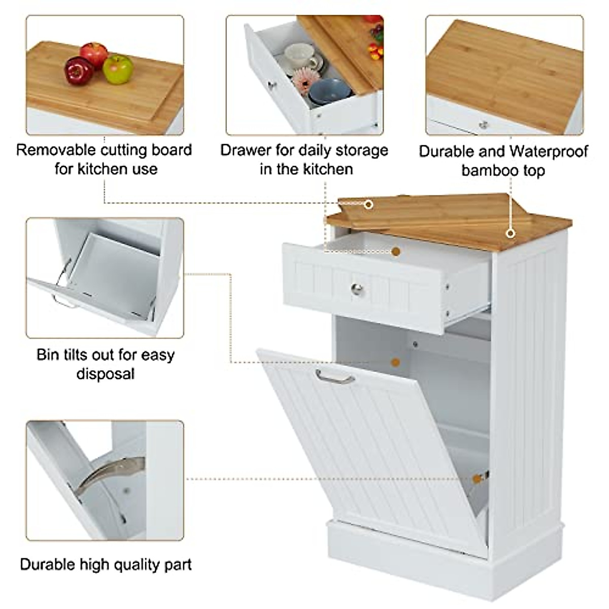 Kinsuite Tilt Out Trash Bin - White Wooden Trash Cabinet, Free Standing Kitchen Trash Can, Holder & Recycling Cabinet with Hideaway Drawer, Removable Bamboo Cutting Board