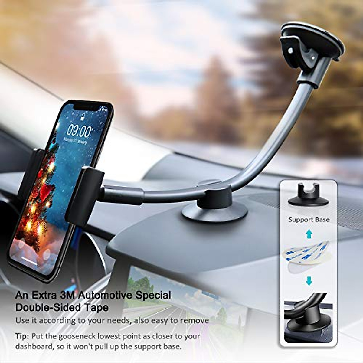 Newward Car Phone Holder Mount, [ 2 Different Sizes Clamp ] Long Arm Windshield Universal Cell Phone Holder for Car Truck [Strong Suction Anti-Shake Stabilizer] Compatible iPhone Android Smartphones