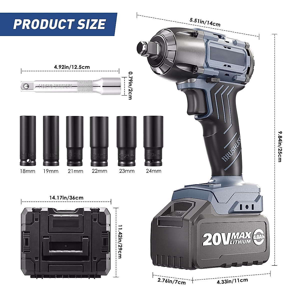 WSSEY 1/2 Inch Cordless Impact Wrench with 4.0Ah Battery, 4000mAh Capacity, 2800-2300 RPM Speeds, Ergonomic Handle, LED Work Light, Metal Hook for Hanging
