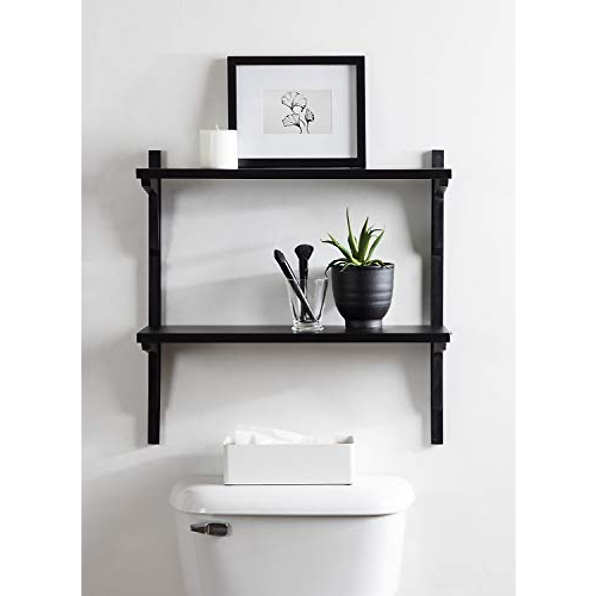 Kate and Laurel Meridien Modern Wood Shelves, 24 x 8 x 24, Black, Transitional Two Tier Wall Shelf for Storage and Display