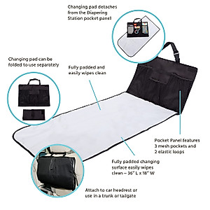 J.L. Childress Pockets 'N Pad Portable Diaper Changing Station for Your Car - Detachable, Foldable, Extra-Large, Extra-Long Changing Pad for Travel, 36" x 18" - Storage Pockets- Black