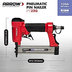Arrow PT23G 23 Gauge Compact Pneumatic Pin Nail Gun, Oil-Free, Fits 3/8”, 1/2”, 5/8”, 13/16” and 1” Nails