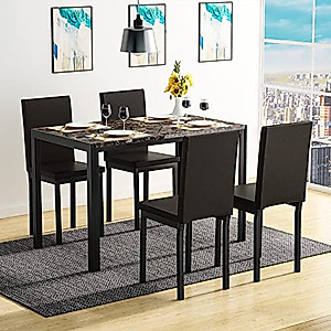 AWQM Dining Table Set for 4, Modern Kitchen Table and Chairs Set, Faux Marble Tabletop and 4 PU Leather Upholstered Chairs Dining Set for Living Room, Kitchen, Dining, Compact Space - Brown