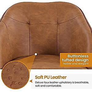 Yaheetech Faux Leather Desk Chair, Makeup Vanity Chair with Adjustable Tilt Angle, Swivel Office Chair Upholstered Armchair Study Chair for Bedroom and Makeup Room Retro Brown