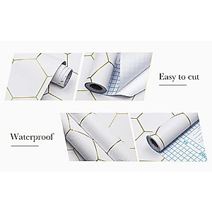 Fiula Gold and White Geometric Wallpaper Peel and Stick Wallpaper Hexagon White Wallpaper 17.3”×78.7”Decorative Shelf Drawer Liner Roll Waterproof