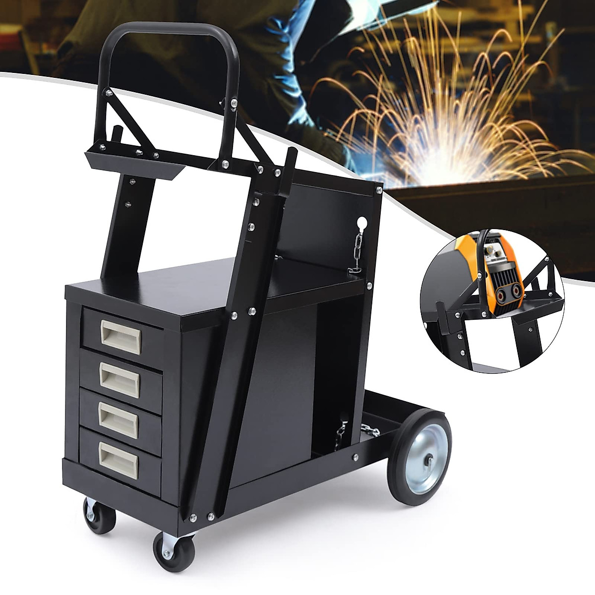 Rolling Welding Cart with 4 Drawers - Heavy Duty Steel Cabinet Welding Cart Wheels and Tank Storage for TIG MIG Welder and Plasma Cutter
