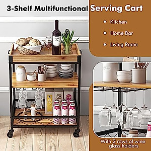 IFANNY Bar Cart, 3 Tier Rolling Cart with Removable Tray and Glass Holder, Wood Coffee Cart on Wheels, Small Kitchen Storage Islands & Carts, Serving Cart for Dining Room, Restaurant, Hotel