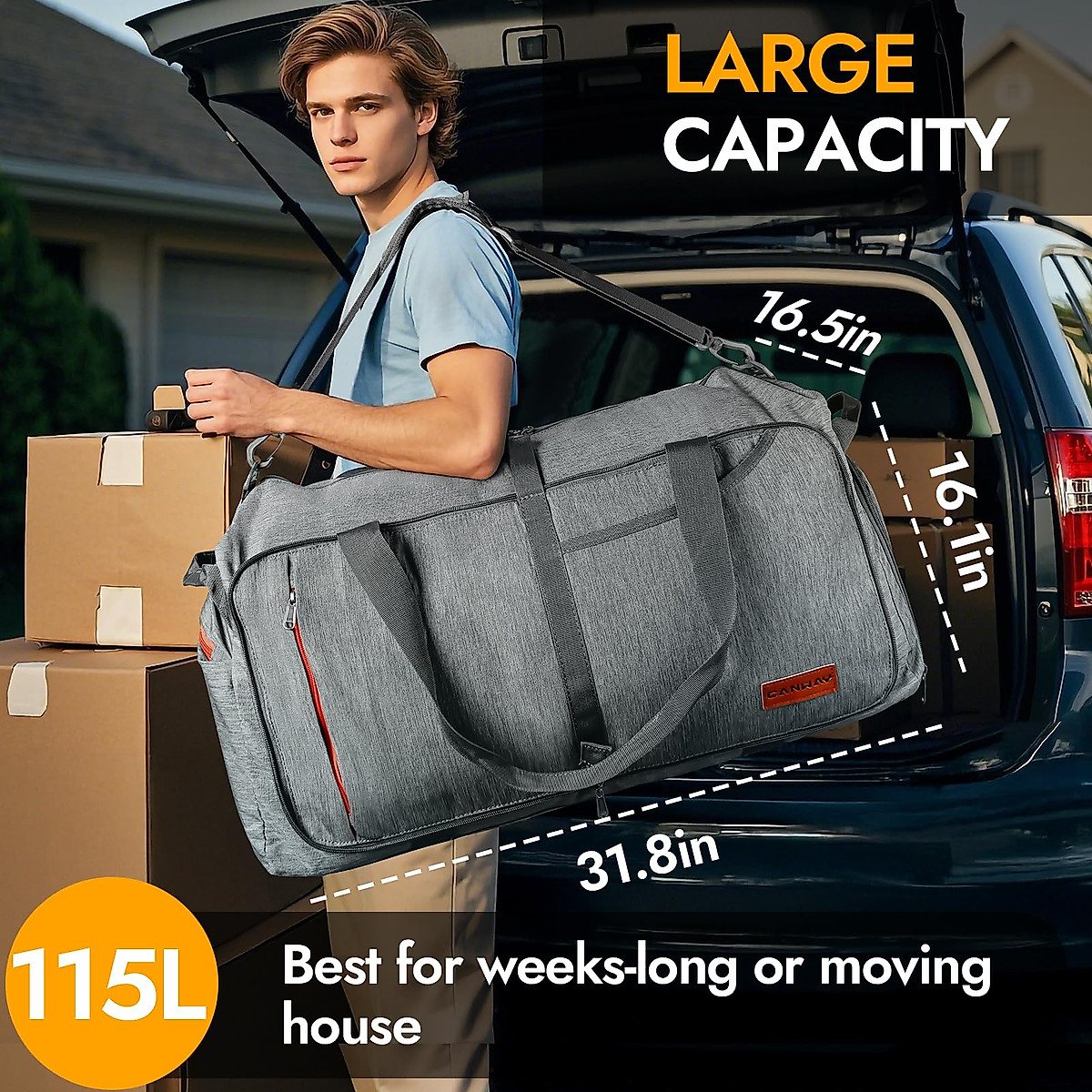 Canway 65L Travel Duffel Bag, Foldable Weekender Bag with Shoes Compartment for Men Women Water-proof & Tear Resistant