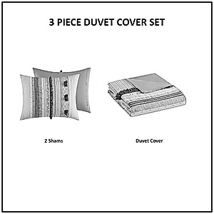 INK+IVY Cody Cotton Duvet Set - Geometric Modern Design with Fringe Tassel Trim and Pom Accent, All Season, Breathable Cover for Comforter Bedding, Shams, King/Cal King(104"x92") Gray/Navy 3 Piece