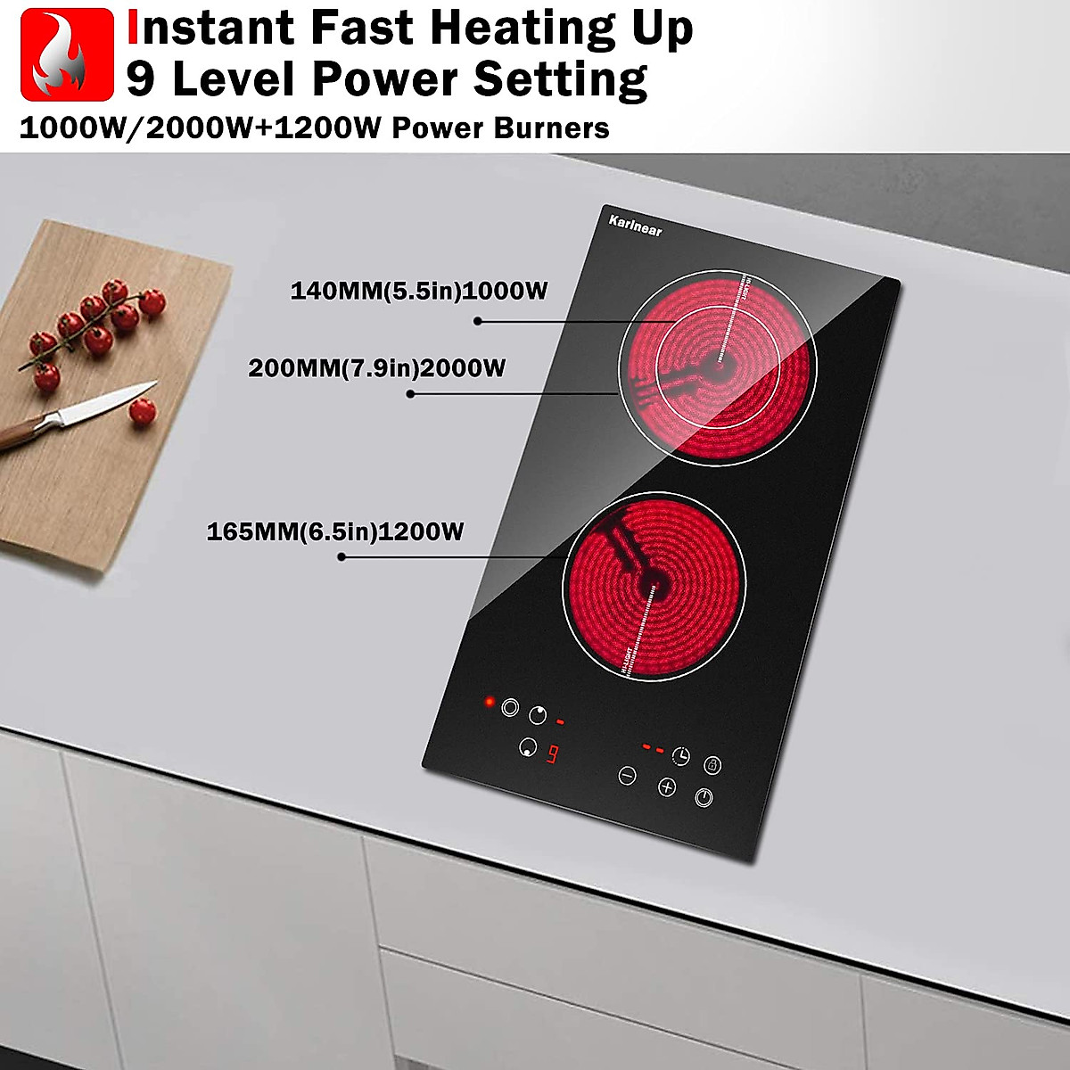 Karinear 2 Burner Electric Cooktop 12 Inch, Drop-in Electric Radiant Cooktop 220v - 240v with Child Safety Lock, Timer, Residual Heat Indicator, 3200W, Hard Wired, No Plug Electric Stove Top