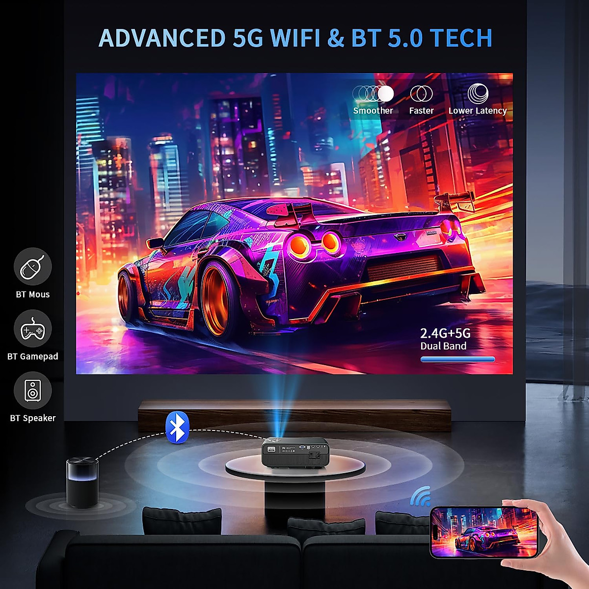 Full HD Projector with WiFi and Bluetooth,10000LM Native 1080P 5G Wireless Projector,200” Smart Movie Projector,Support 4K Zoom Phone Synchronization,Compatible w/ Laptop PC DVD Player TV Stick HDMI