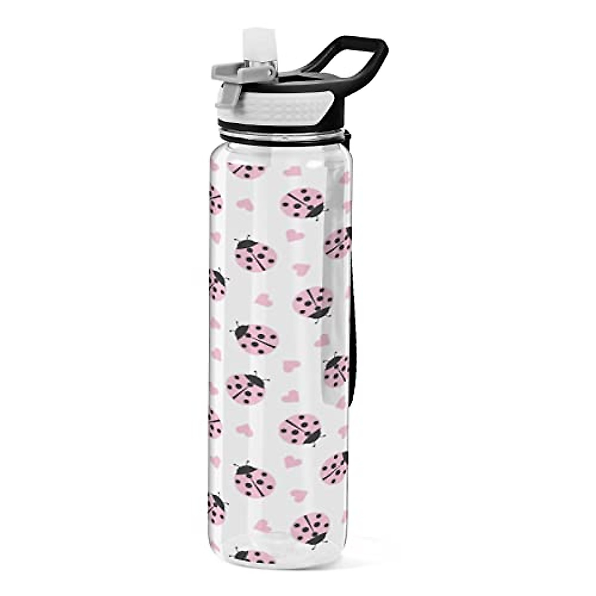 Fustylead Cute Ladybug and Hearts 32oz BPA Free Water Bottles, Leakproof Tritan Sport Water Bottle with Straw for Gym Fitness Running