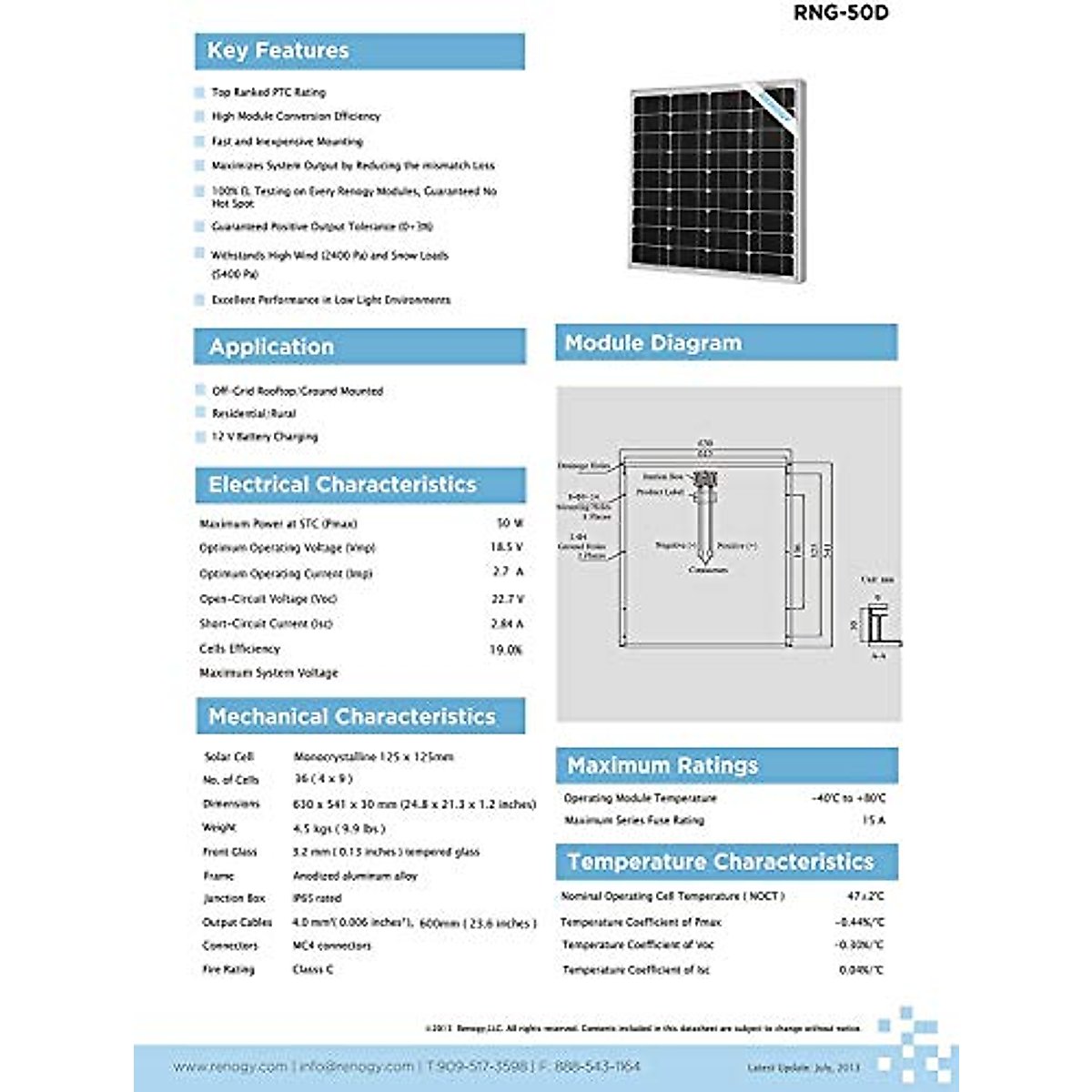 Renogy KIT-BUNDLE50D 12 Volt Monocrystalline Solar, Bundle 50W Kit, Bundle Kit with 10A PWM LCD Charge Controller
