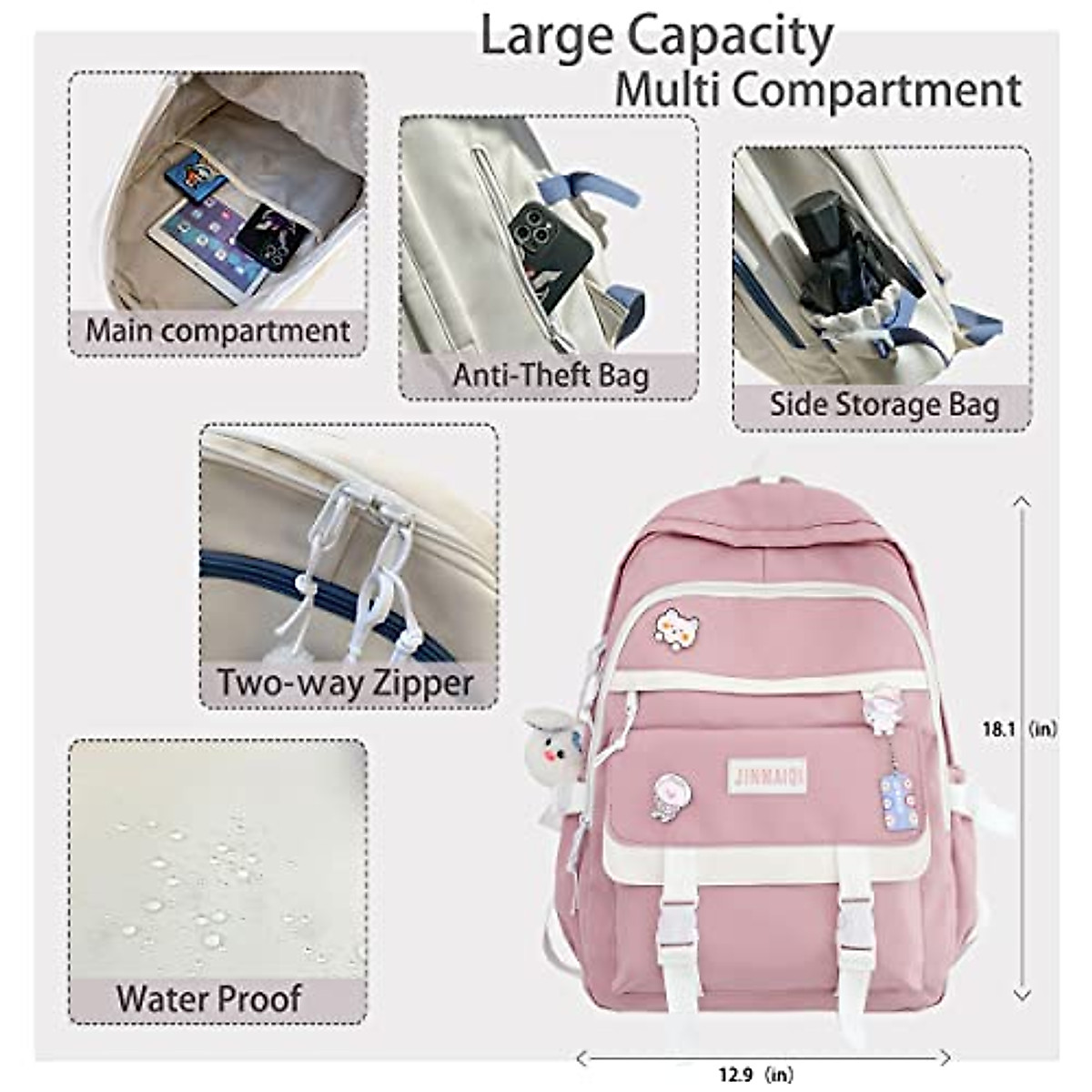 MEOKIM Kawaii Backpack with Cute Pin Accessories Plush Pendant Student Bag Large Capacity Waterproof Travel Backpack(Pink)