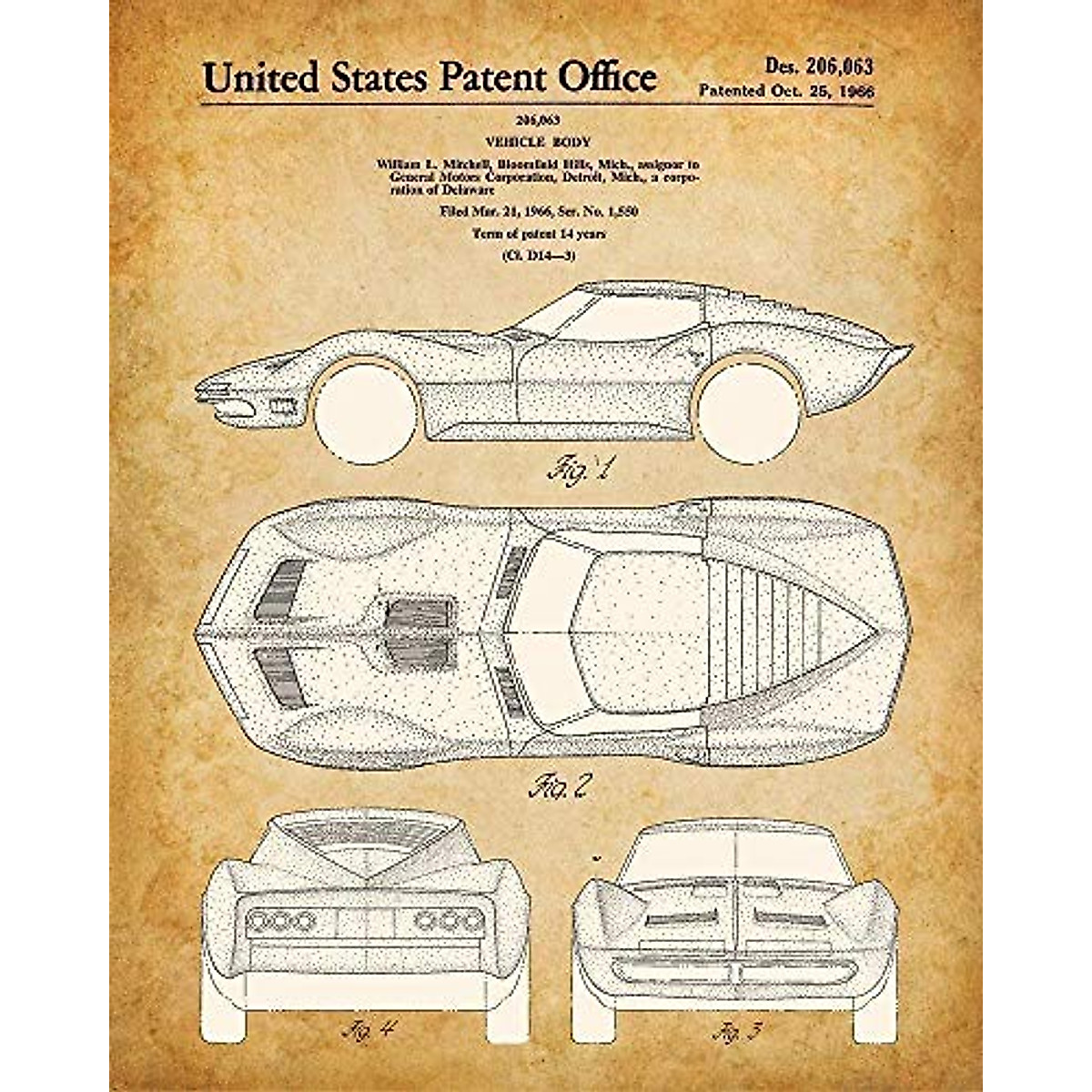 Original Corvette Patent Art Prints - Set of Four Photos (8x10) Unframed - Makes a Great Man Cave Decor and Gift Under $20 for Corvette Owners and Car Enthusiasts