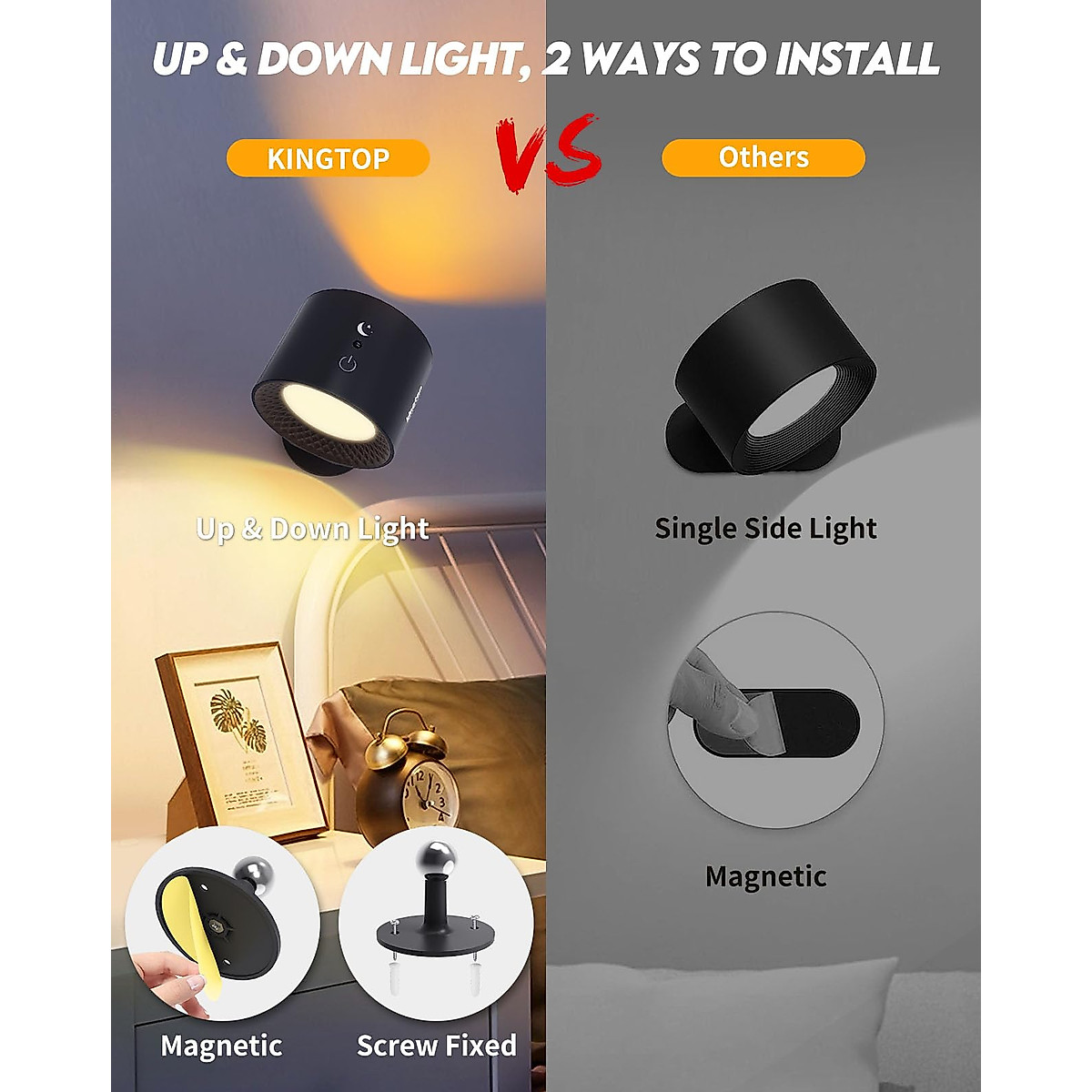 KINGTOP Battery Operated Wall Sconce, Wireless Magnetic Wall Lights with Remote, 9 Colors RGB Rechargeable Ambient Sconce, 3 Color Temp, Dimming & Removable, Wall Mounted Lamp for Bedroom