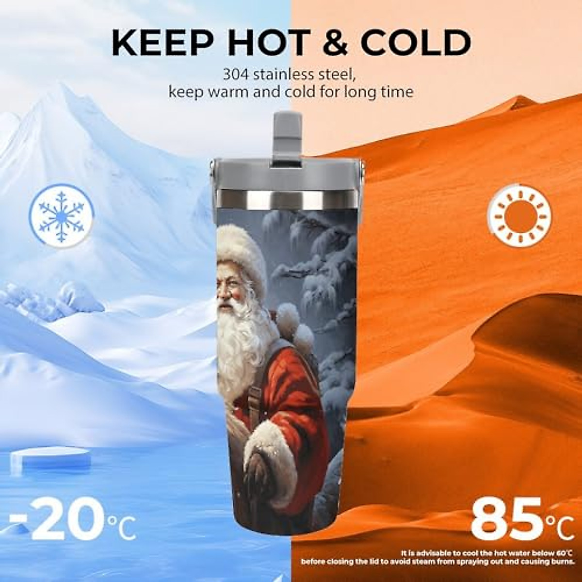 BWQJKUO Large Capacity Car Cup 30 Oz Stainless Steel Santa Claus And Deer Elk Printed Travel Mug Leak-proof Flip Straw Tumbler with Handle,keeps Cold Or Ho