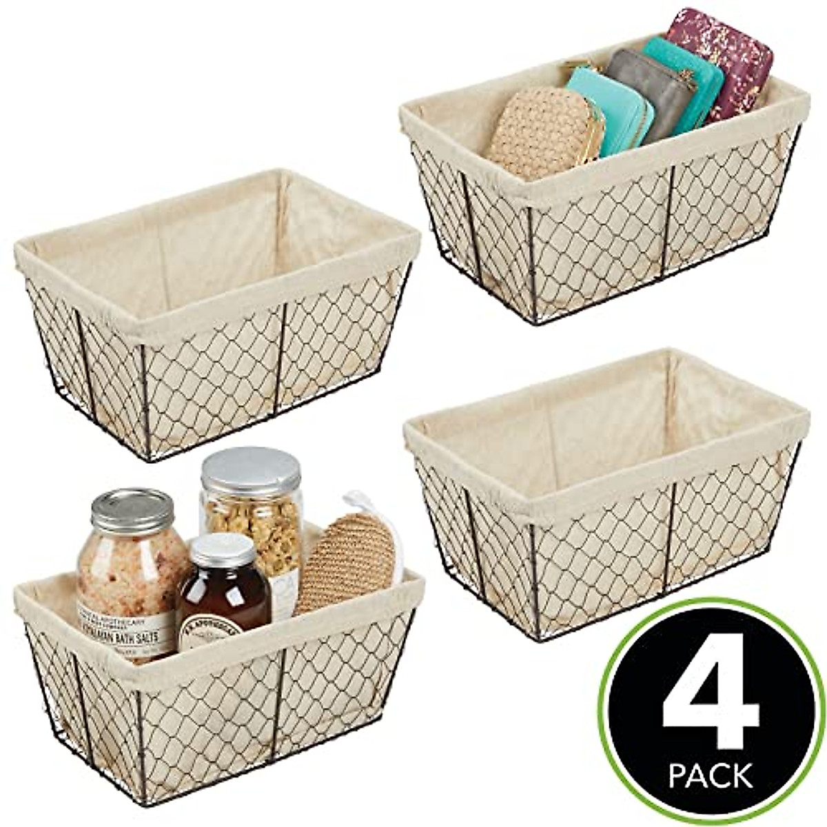 mDesign Medium Metal Farmhouse Home Storage Organizer Basket - Chicken Wire Design, Fabric Liner for Kitchen, Bathroom, Living Room, Pantry, Cupboard, Shelves, Countertop - 4 Pack - Bronze/Natural