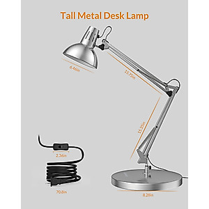 LEPOWER Metal Desk Lamp, Adjustable Goose Neck Architect Table Lamp with On/Off Switch, Swing Arm Desk Lamp with Clamp, Eye-Caring Reading Lamp for Bedroom, Study Room &Office (Silver)