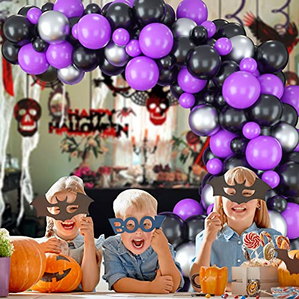 Halloween Balloon Arch Garland Kit, Black Purple Silver Metallic Latex Balloons Garland Kit for Kids Halloween Theme Birthday Trick or Treat Graduation Wedding Party Decorations Supplies