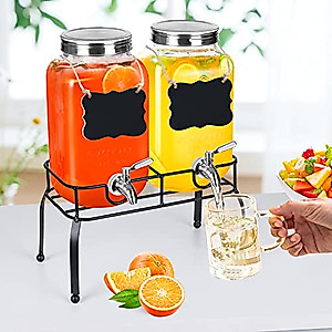 Drink Dispenser with Stand- Set of 2, 1 Gallon Glass Beverage Dispenser with Stainless Steel Spigot & Lid plus Ice Cylinder and Fruit Infuser, Drink Dispensers for Parties, Laundry Detergent Dispenser