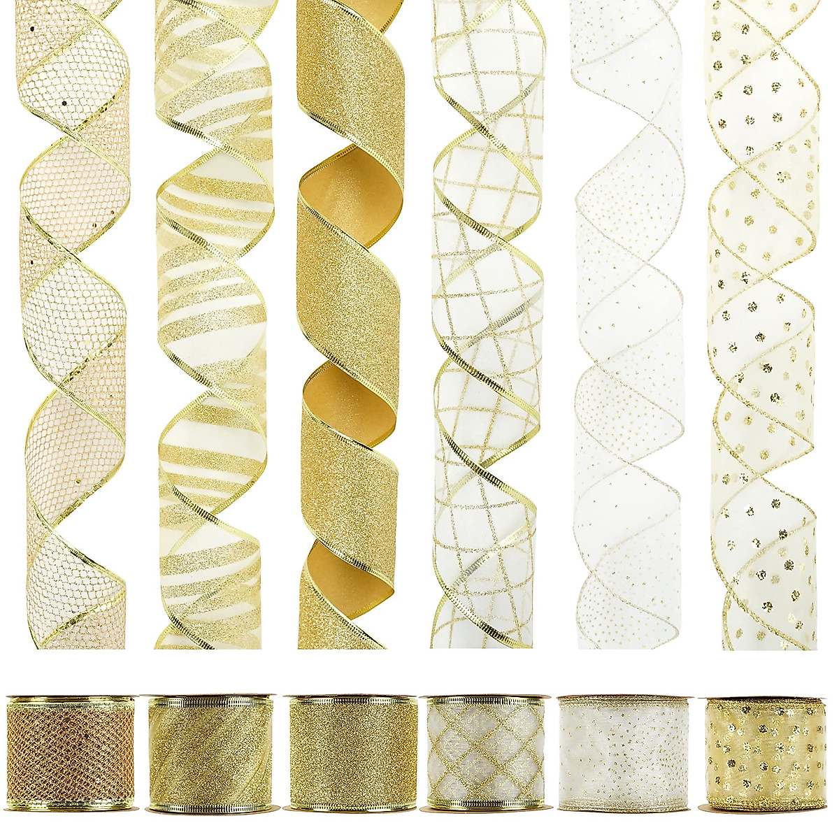 HUIHUANG Gold Christmas Ribbon - 2.5 inch Wide Gold Wire Edge Ribbons for Tree Decorations, Crafts, Gift Wrapping, Wreath, Garland, Bows - 6 Rolls x 6 Yards